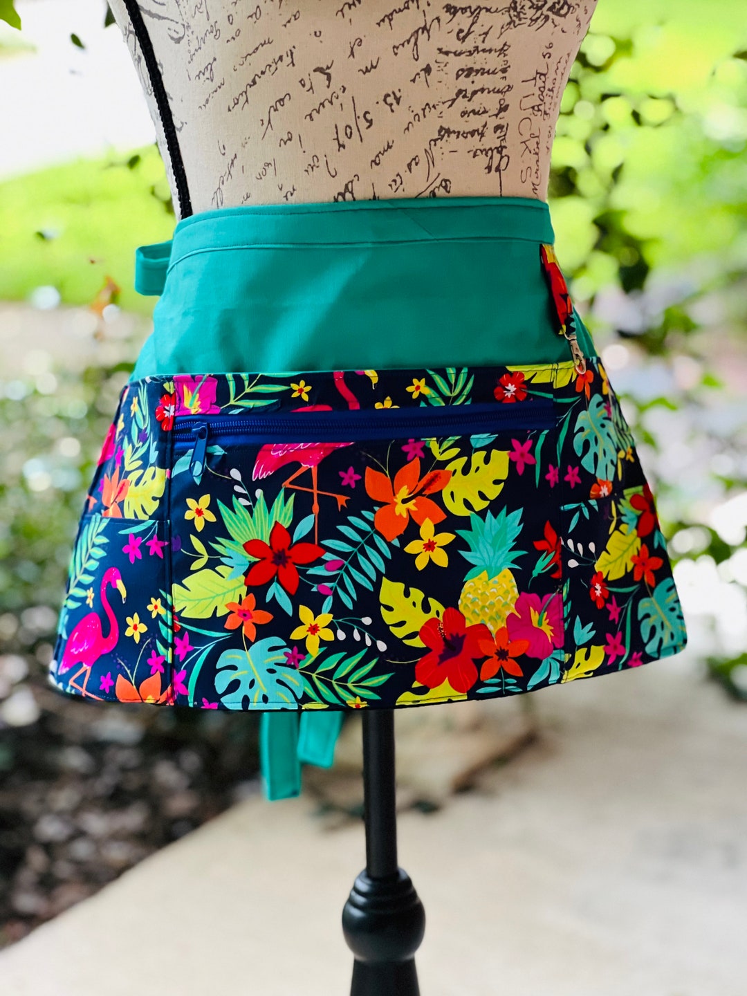 Tropical Flowers Half Apron With Multiple Pockets, Teacher Apron ...