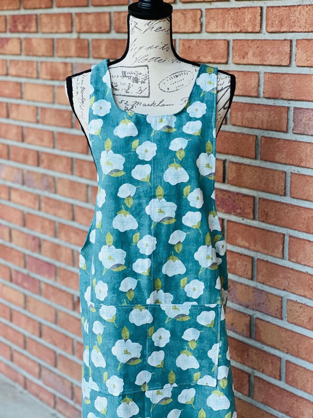Cross-back Handmade Apron, Apron, French Apron, Turquoise With Magnolia ...