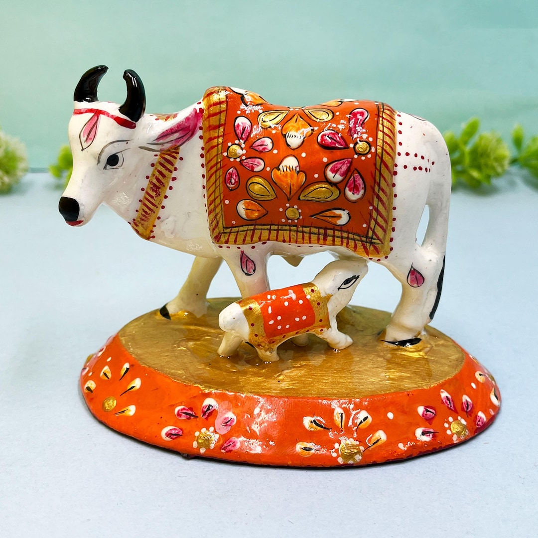 Hand Painted Cow and Calf Figurine, Indian Ethnic Home Decor Statue for ...