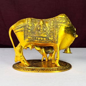 Handcrafted Golden Cow and Calf Sculpture Perfect for Temple Decor or ...