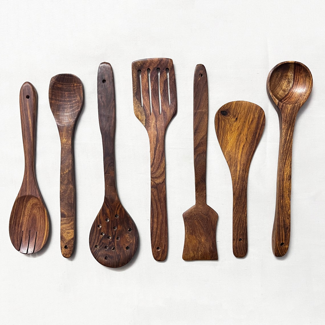 Handmade Teak 7-piece Wooden Double Shade Spoon Set, Kitchen Utensil ...