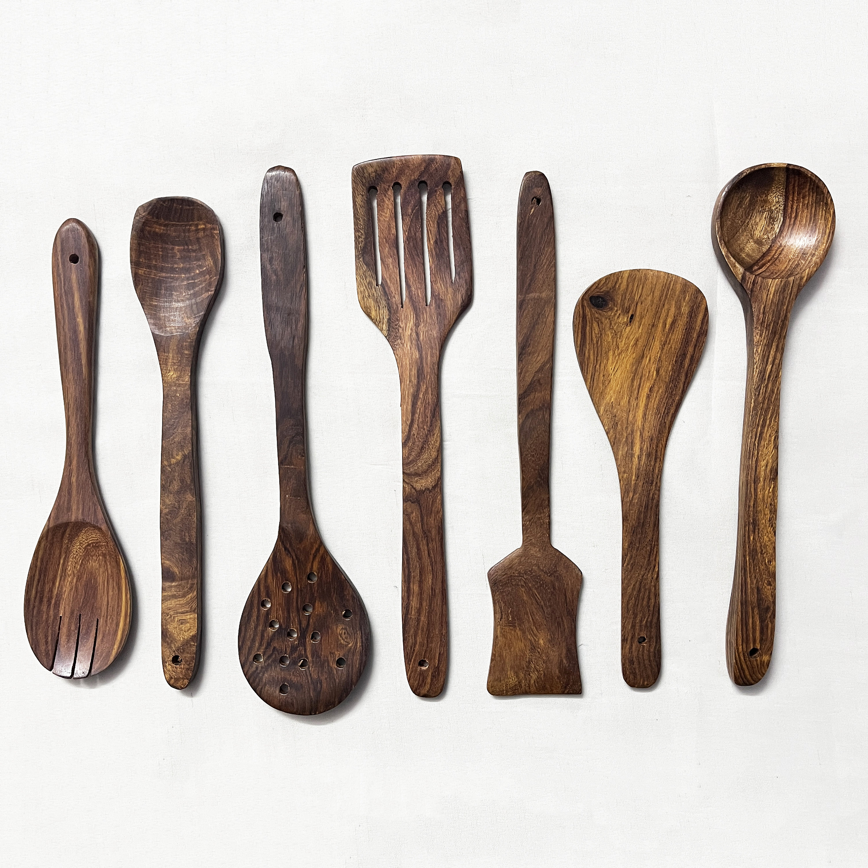 Handmade Teak 7-piece Wooden Double Shade Spoon Set, Kitchen Utensil ...