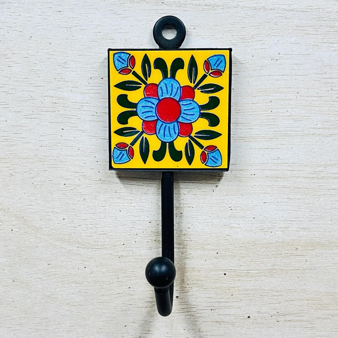 Set of 6 Floral Ceramic Wall Hooks | Handcrafted Rajasthani Tile ...