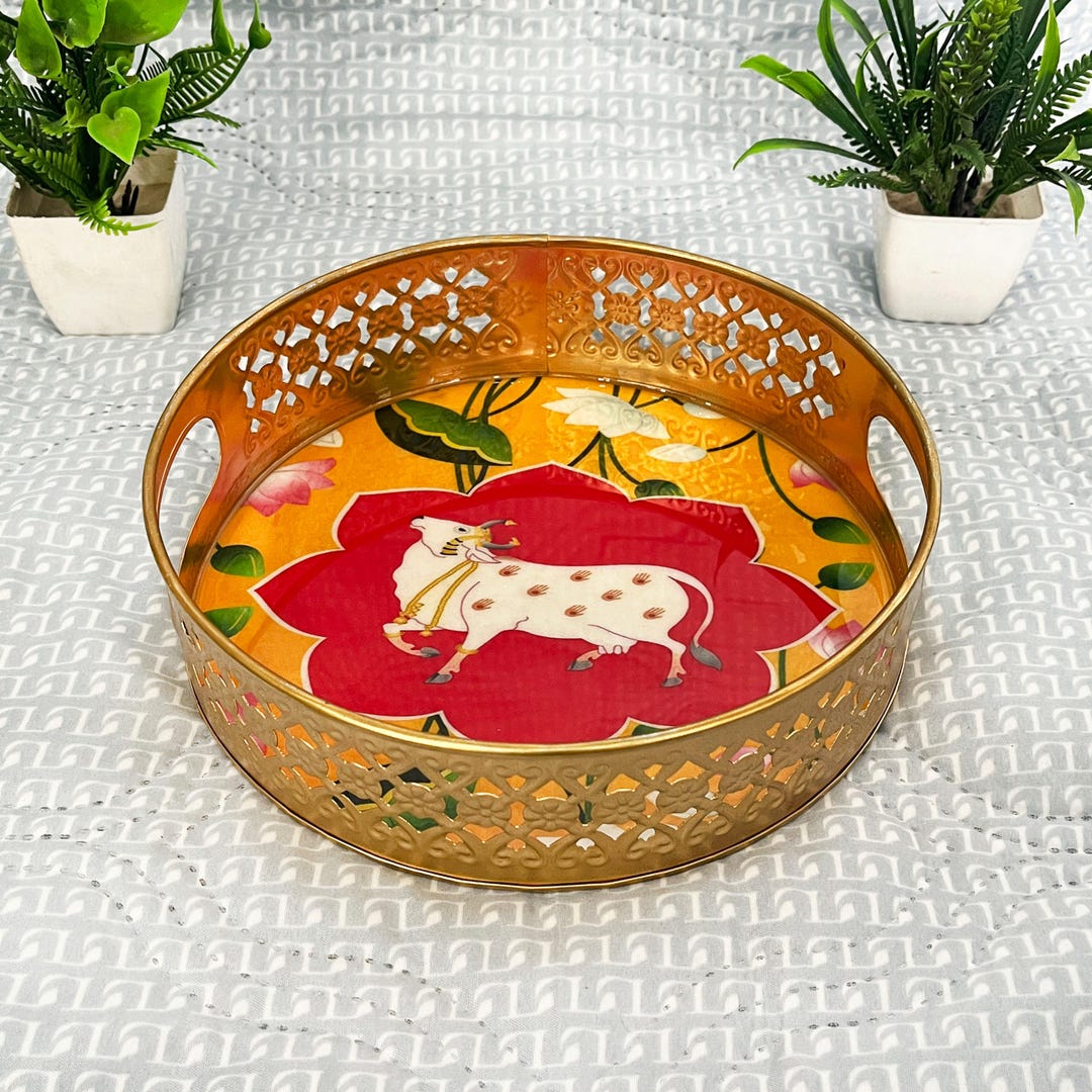 Handcrafted Decorative Cow Tray, Traditional Indian Art With Floral ...