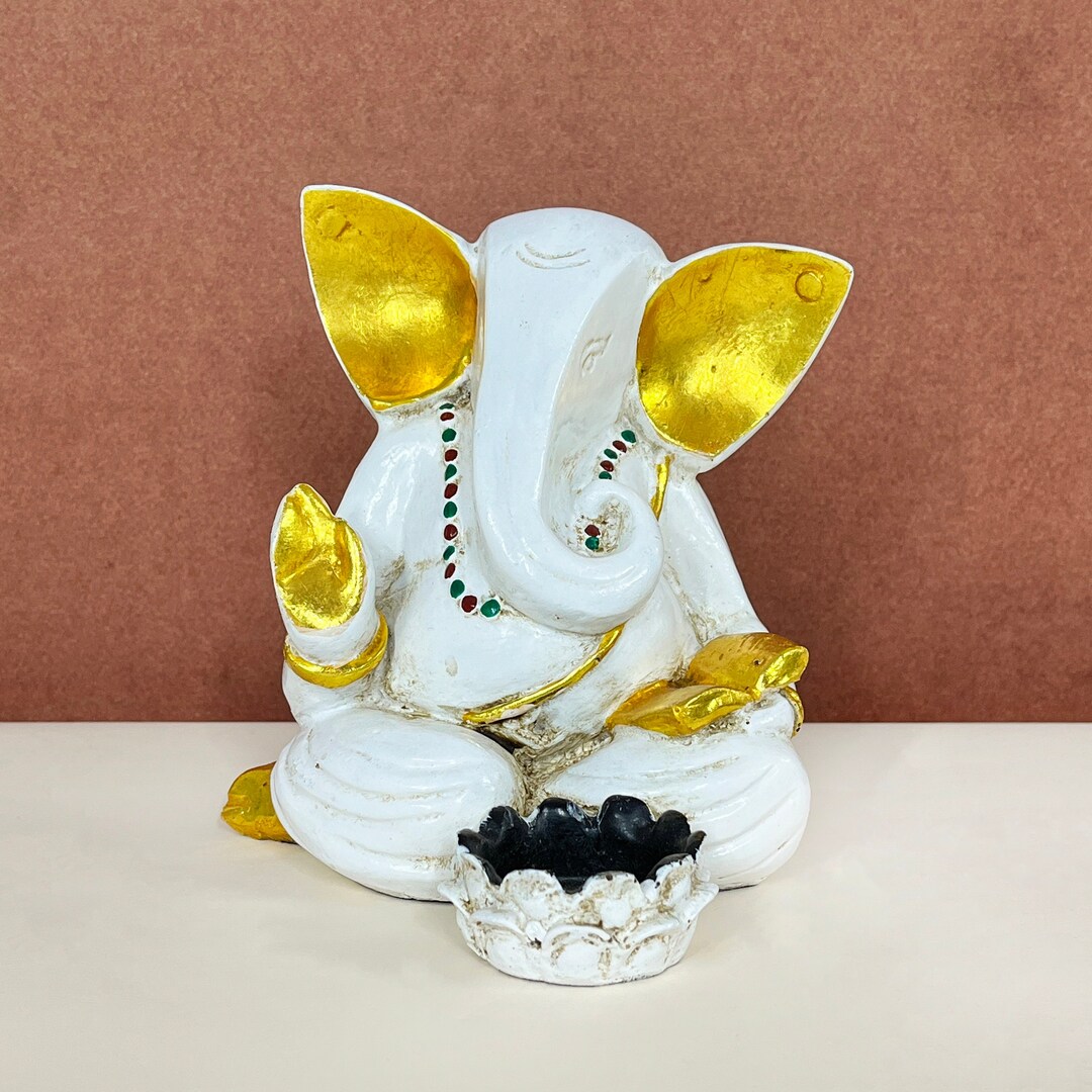 Decorative Hand-painted Ganesha Statue With Candle Holder White Ganesh ...