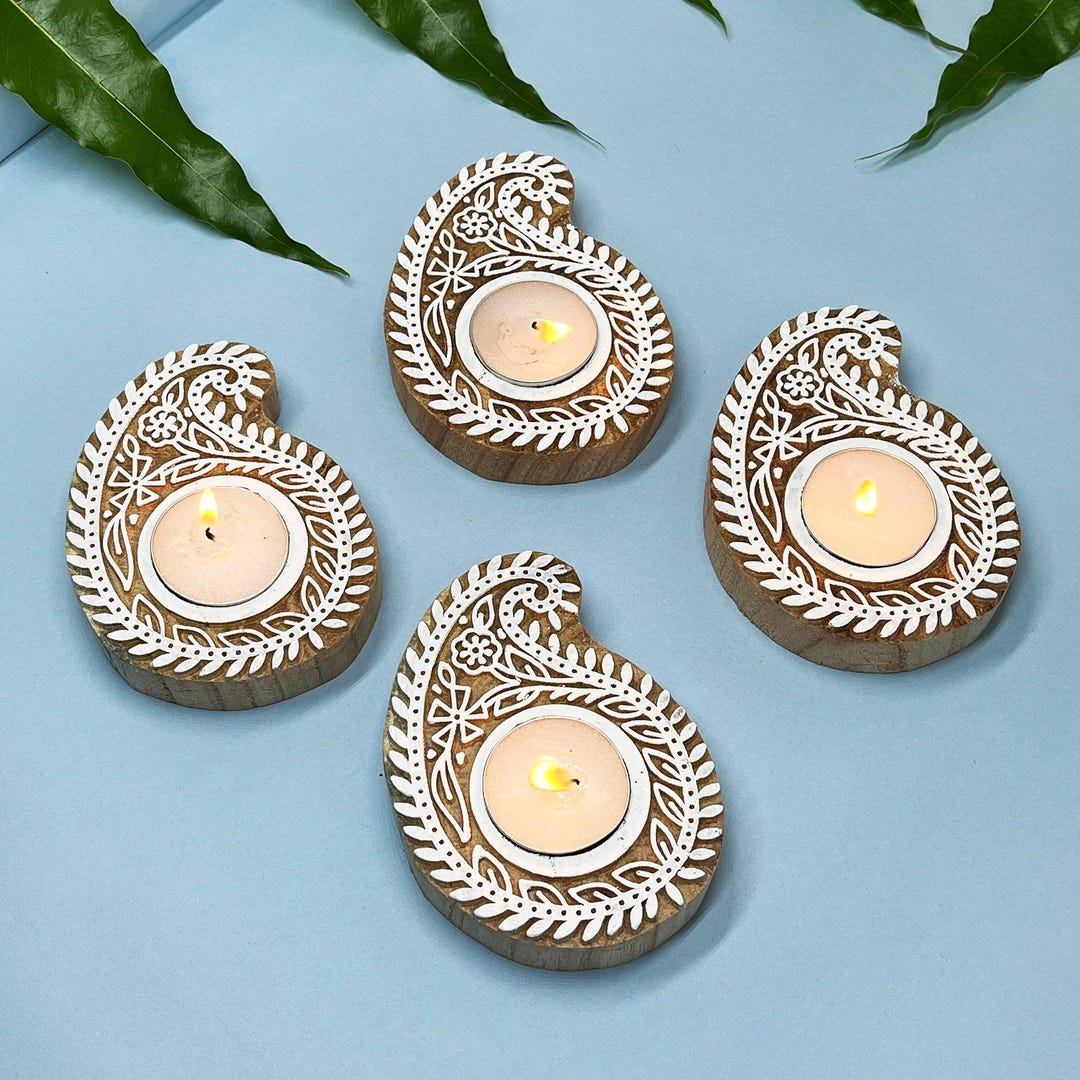 Handmade Wooden Tealight Holders Set of 4, Block Print Paisley Candle ...