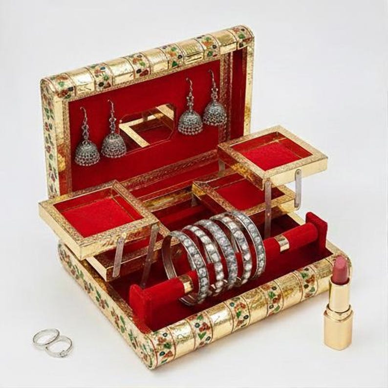 Hand Painted Peacock Jewelry Box With Red Velvet Indian Trinket Storage ...