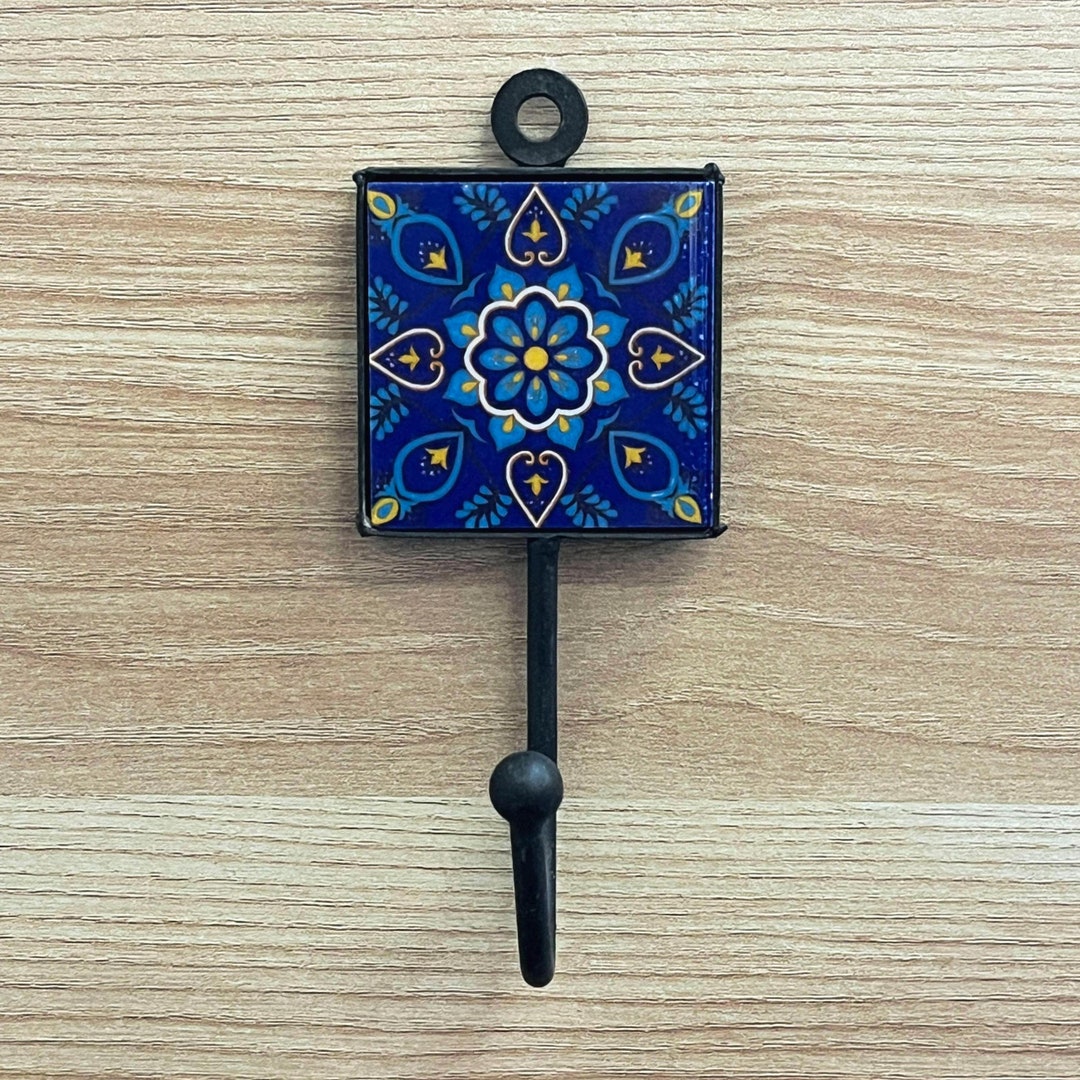 4 Pcs Set Hand Painted Blue Ceramic Tile Wall Hook, Boho Moraccan Style ...