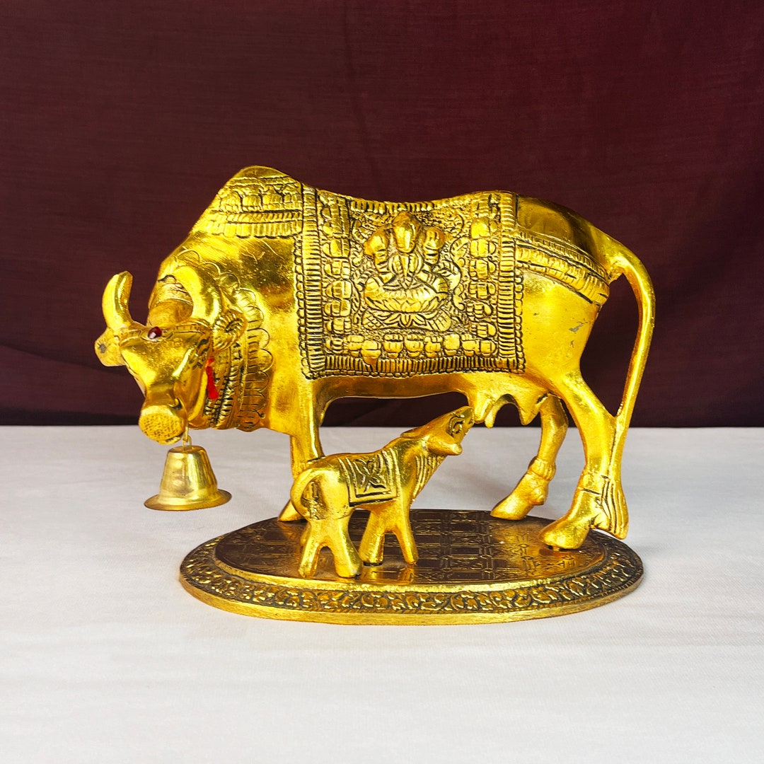 Handcrafted Golden Cow and Calf Sculpture Perfect for Temple Decor or ...
