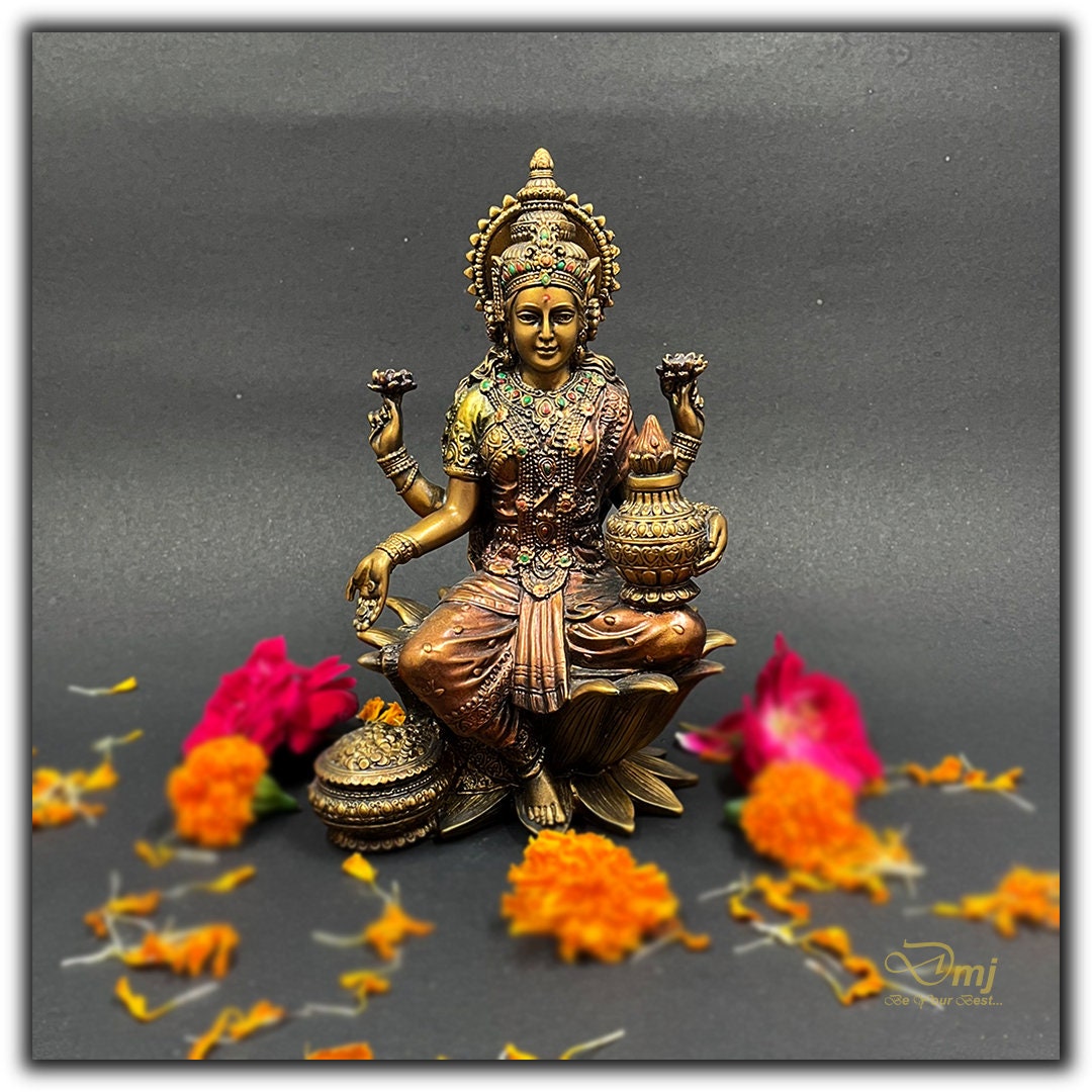 Brass Finish Laxmi Statue – Handmade Hindu Goddess Idol for Temple ...