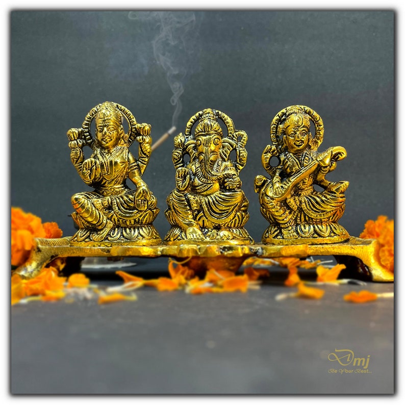 Gold Finish Lakshmi Ganesh Saraswati Idol Set Handmade Resin Murti ...