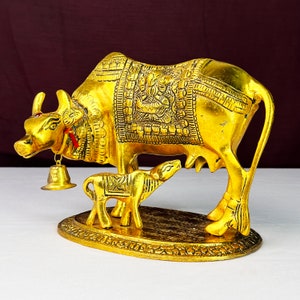 Handcrafted Golden Cow and Calf Sculpture Perfect for Temple Decor or ...