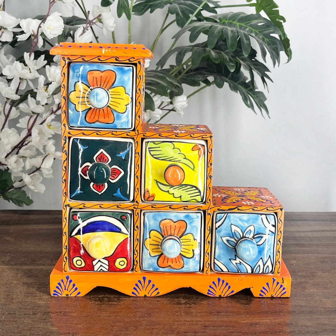 Handmade 6-compartment Kitchen Spice Container Set, Wooden Ceramic ...