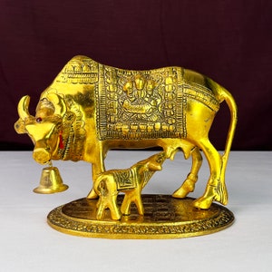 Handcrafted Golden Cow and Calf Sculpture Perfect for Temple Decor or ...