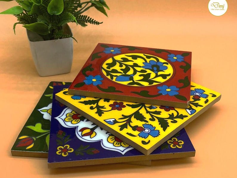 Hand-painted Ceramic Tile Set, Indian Floral Decor (set of 4) - Etsy