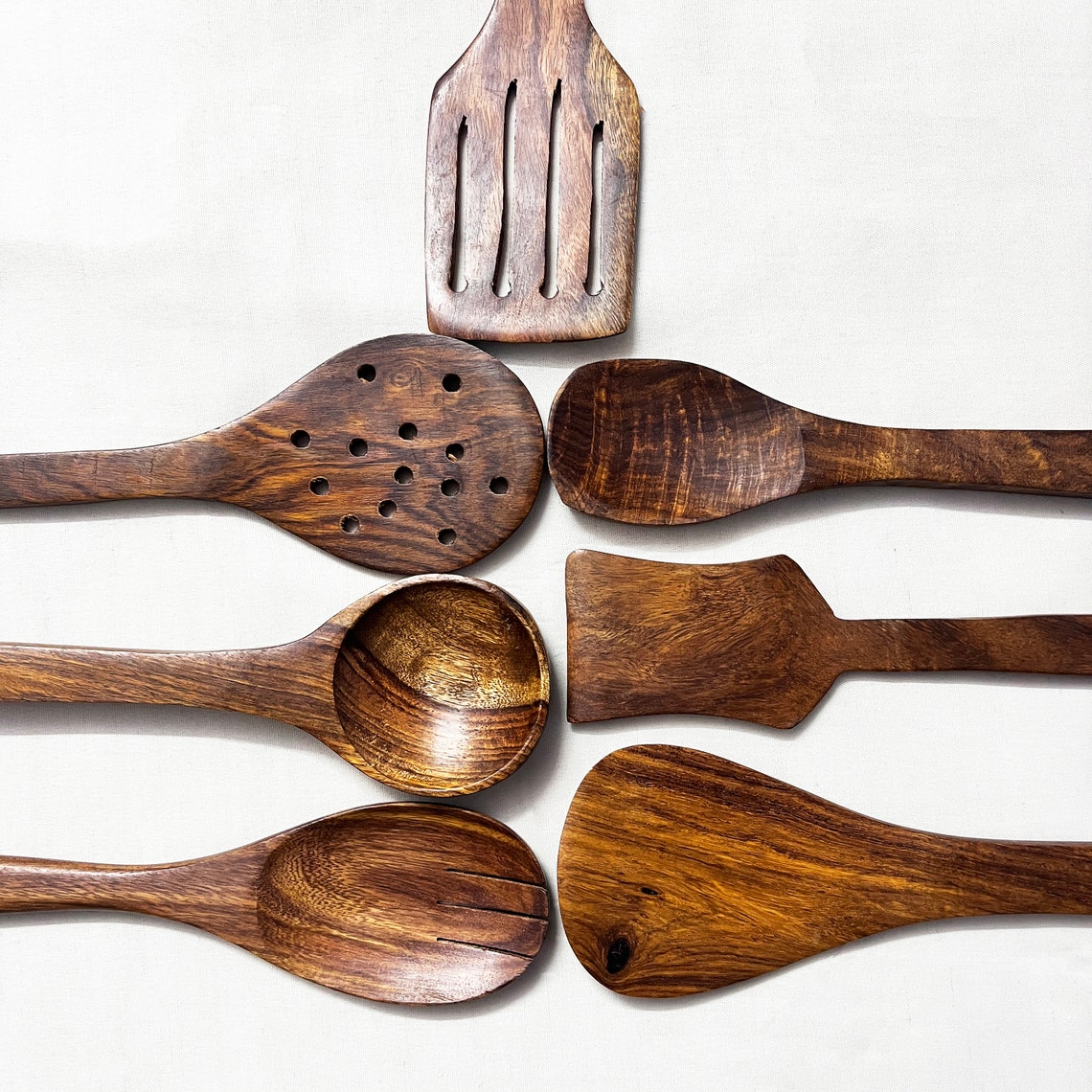 Handmade Teak 7-piece Wooden Double Shade Spoon Set, Kitchen Utensil ...