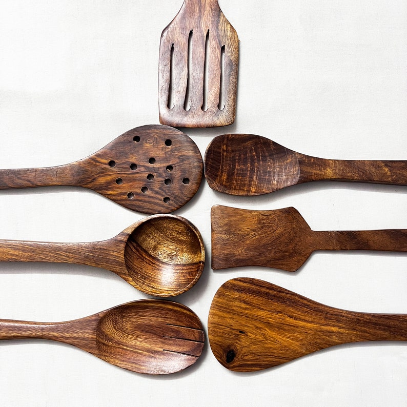 Handmade Teak 7-piece Wooden Double Shade Spoon Set, Kitchen Utensil ...