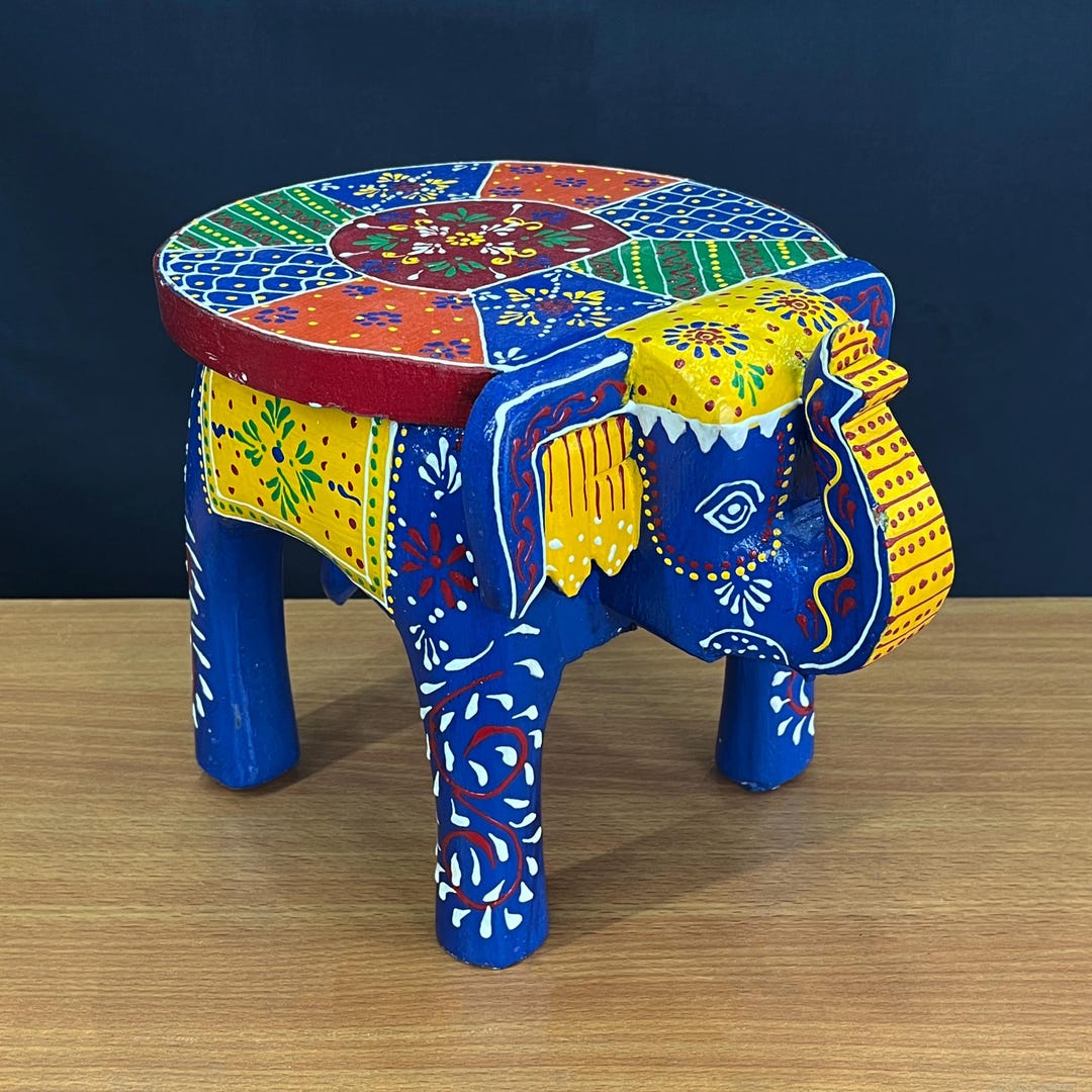 Handcrafted Wooden Elephant Footstool & Table – Miniature Hand-painted ...