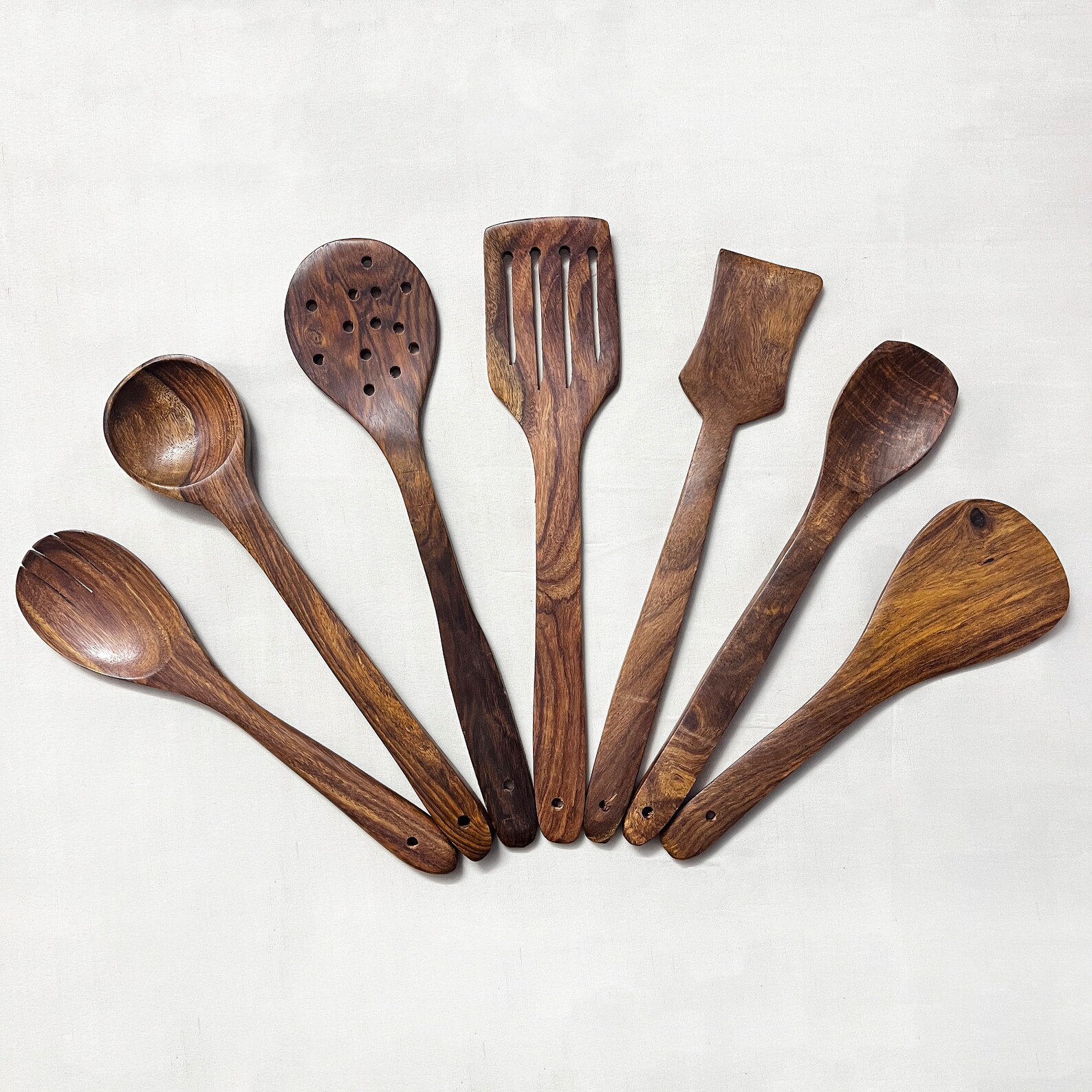 Handmade Teak 7-piece Wooden Double Shade Spoon Set, Kitchen Utensil ...