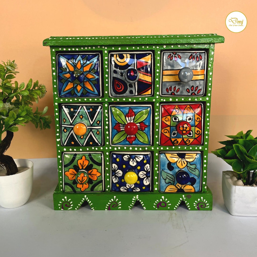 Wooden Painted Ceramic Drawer | Trinket Box | 9 Small Compartment Chest ...