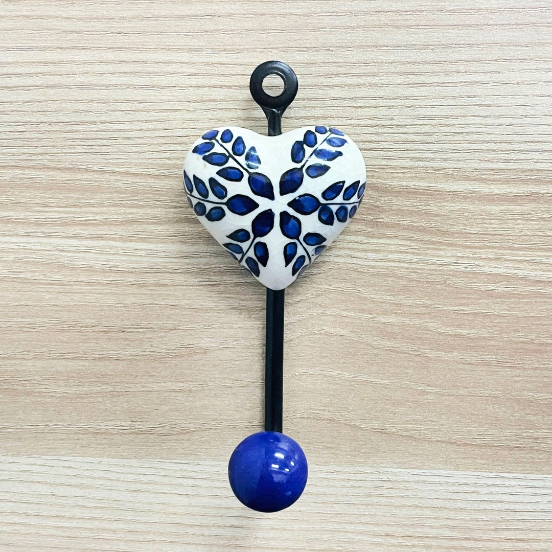 Hand Painted Heart Ceramic Wall Hook, Boho Floral Design for Entryway ...