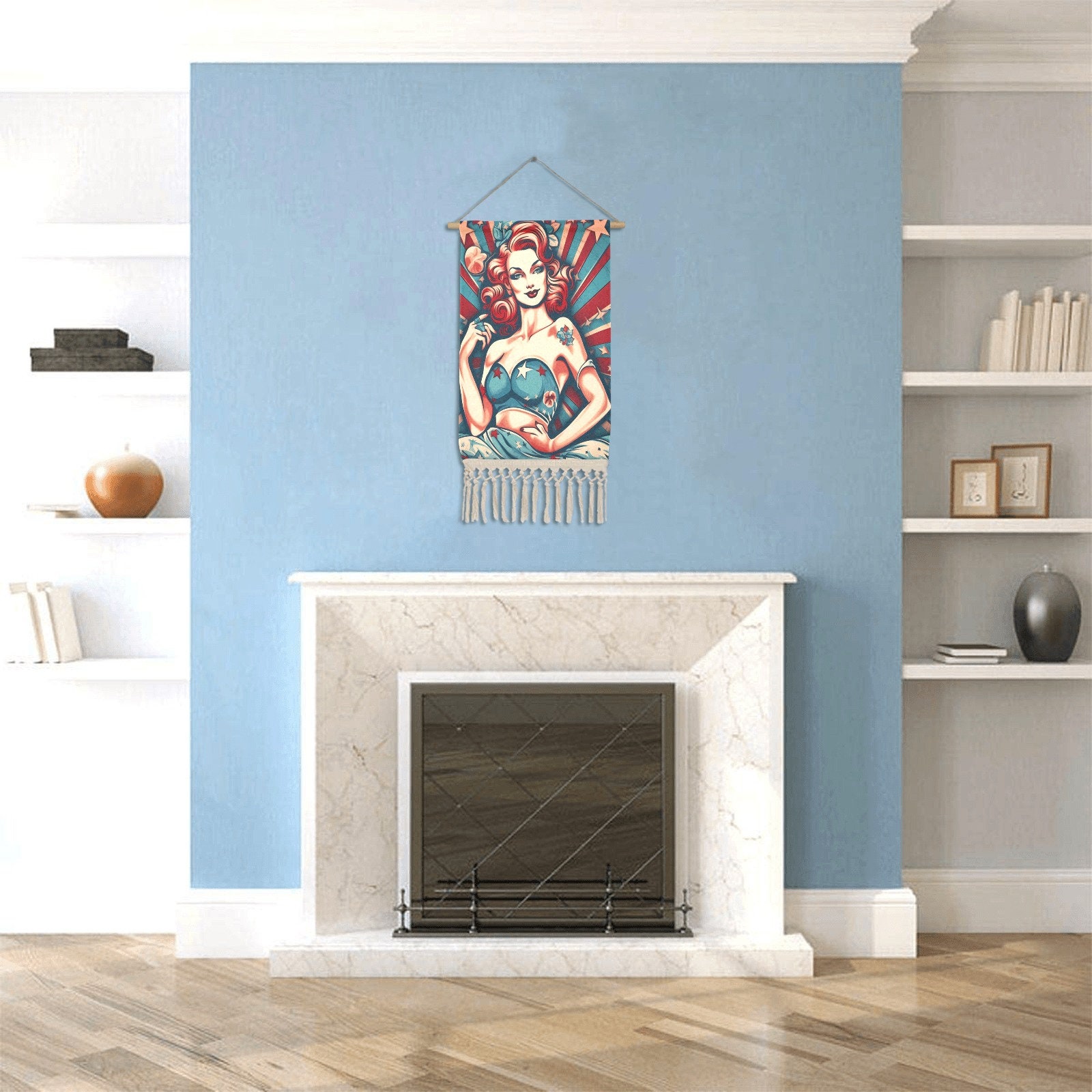 American Flag Pin up Girl Sign Patriotic Home Decor Linen Hanging Sign ...