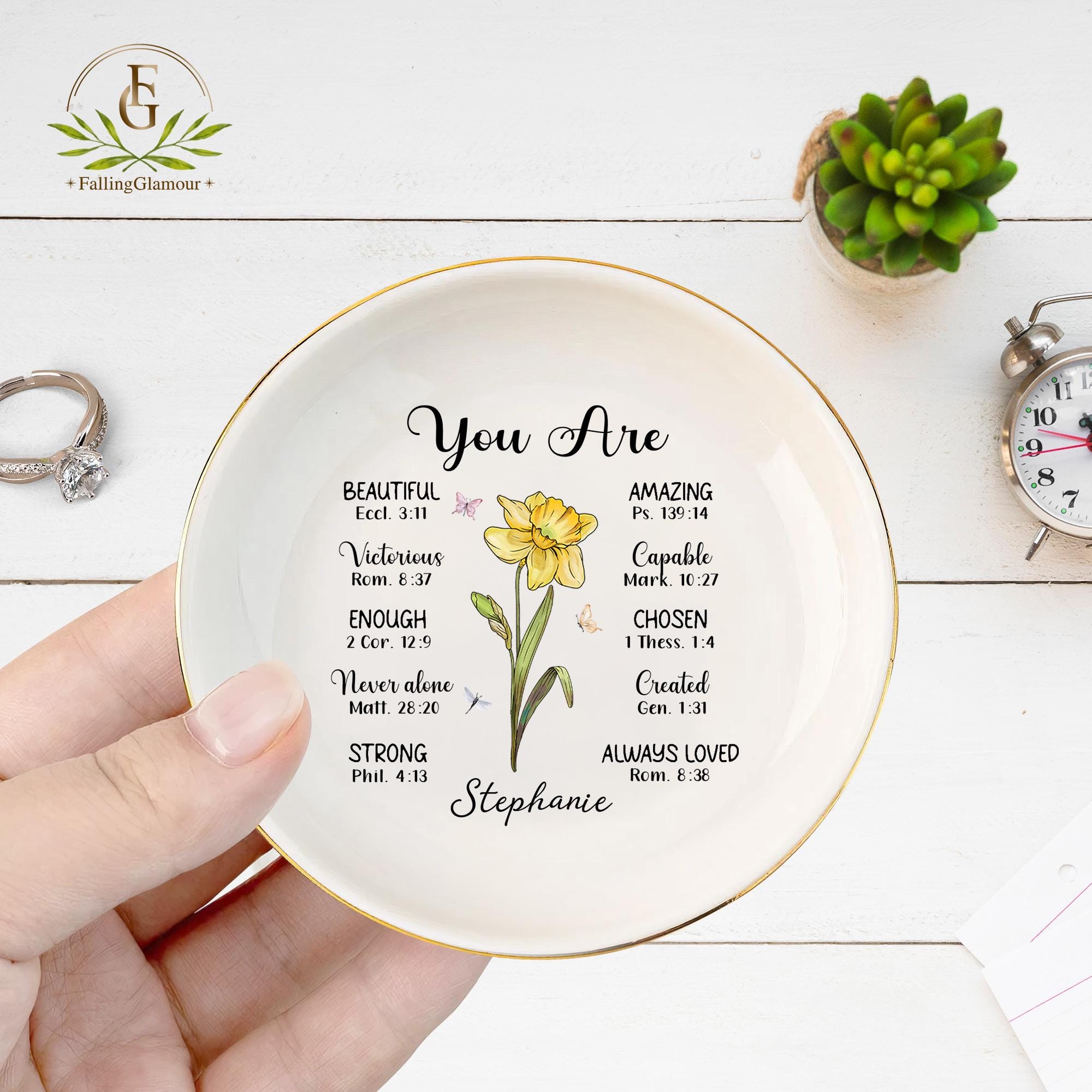 Personalized Bible Verse Jewelry Dish, Birth Flower Ring Dish, Faith ...