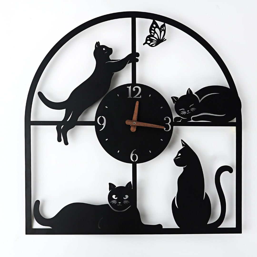 Metal Cat Wall Art, Silent Black Larger Wall Clock, Home Decor, Gold ...