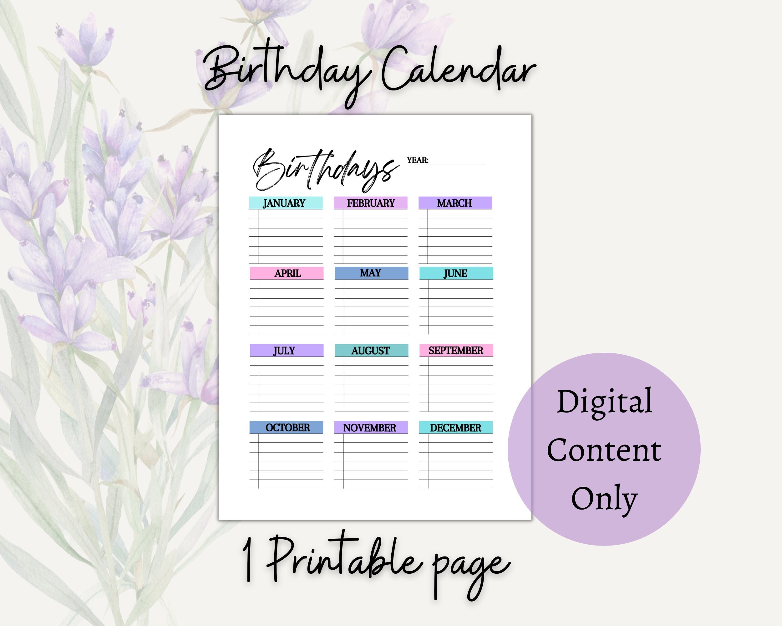 Birthday Calendar, Year at a Glance, Instant Download, Printable ...