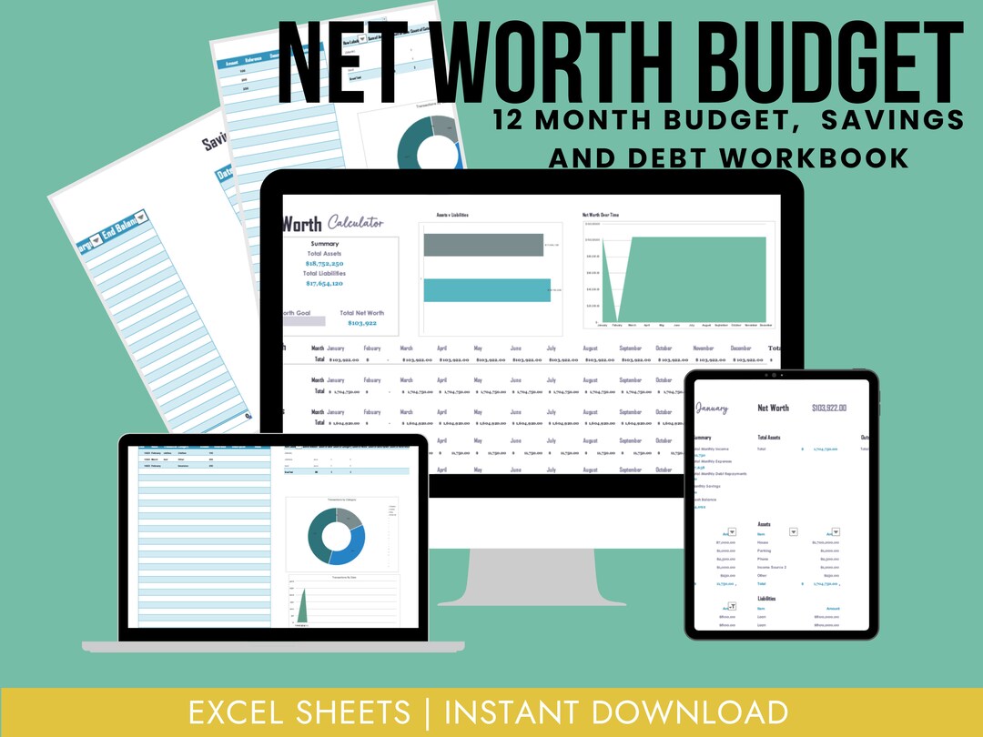 Quick Net Worth 12 Month Annual Budget Excel Template - Aqua Minimalist ...