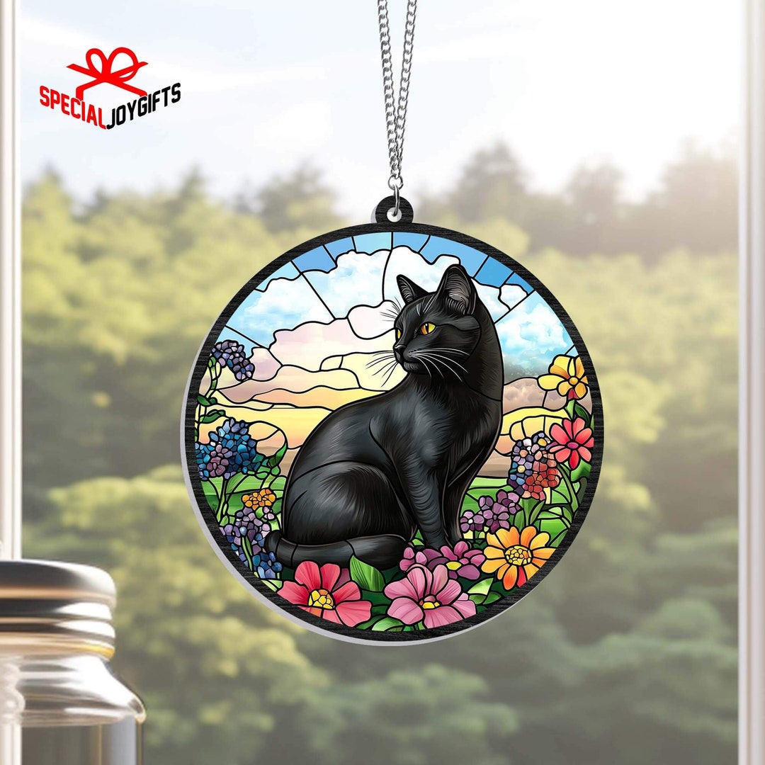 Black Cat Acrylic Window Hanging, Gift for Cat Lovers, Cat Flower ...