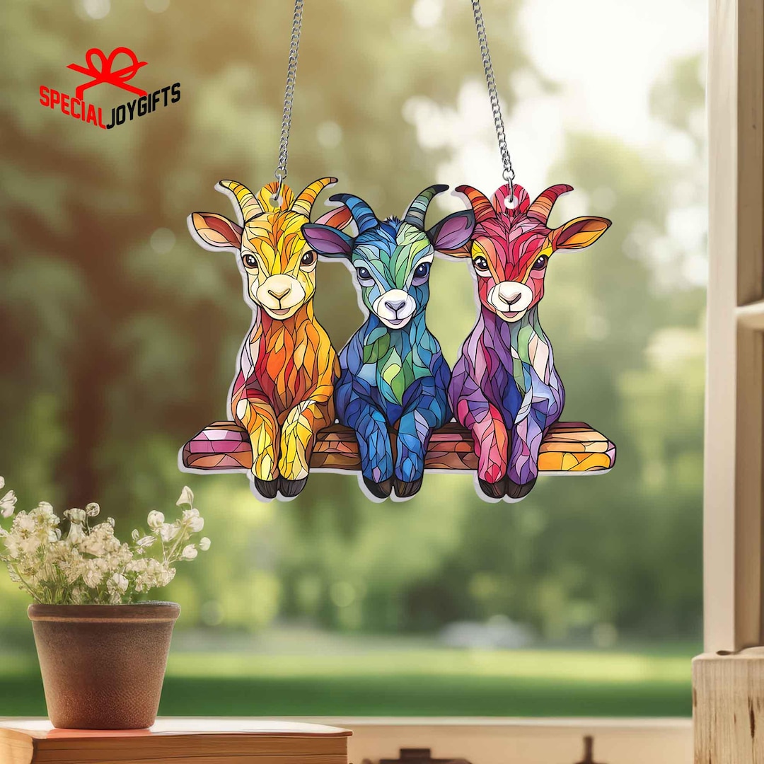 Cute 3 Curious Goats Acrylic Suncatcher Hanging, Goat Ornament, Goat ...