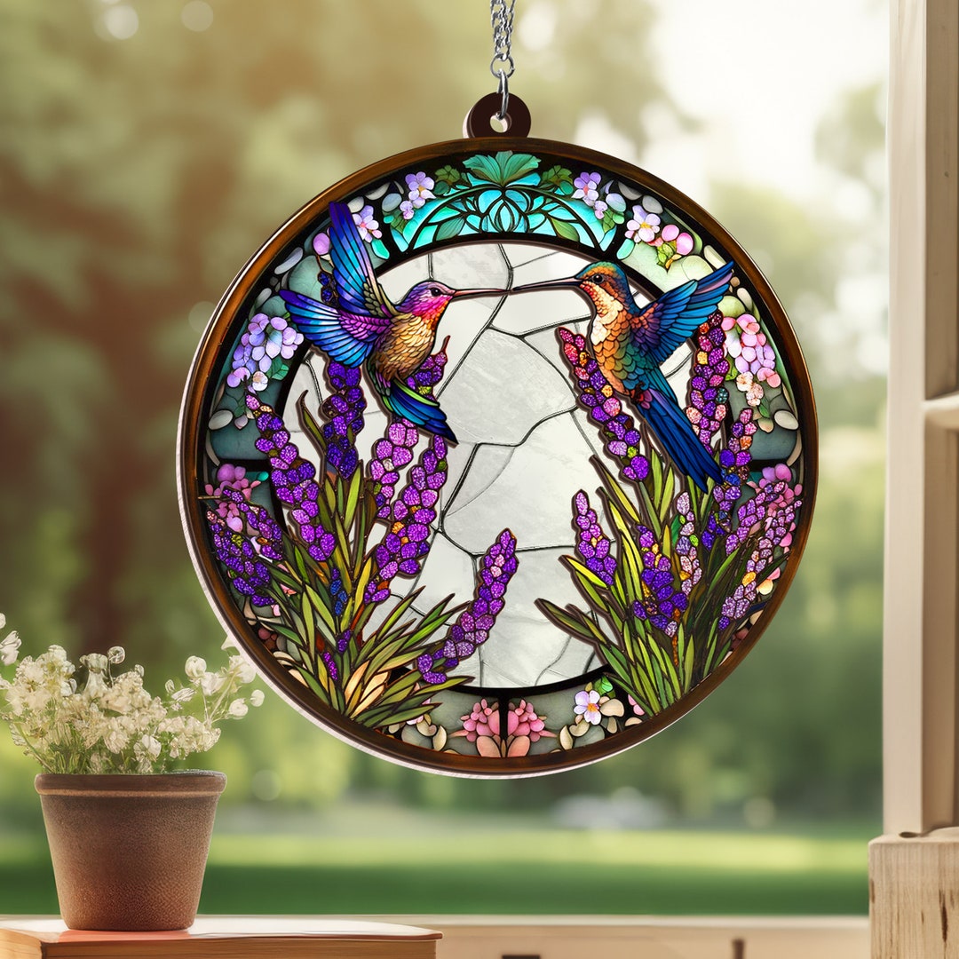 Hummingbird Glass Suncatcher, Hummingbirds Among Lavender Flowers ...