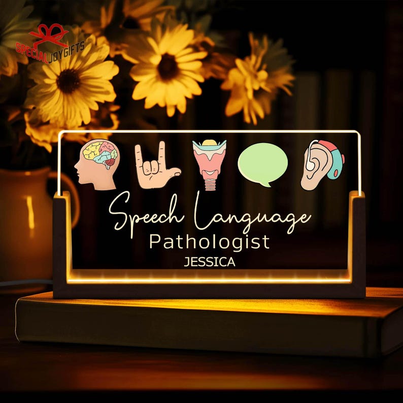 Speech Pathologist Desk Sign, Speech Therapist Night Light, SLP Name ...