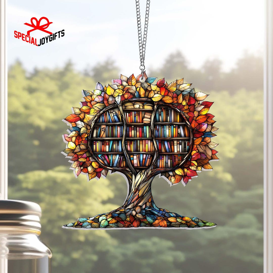 Book Tree Bookshelf Acrylic Suncatcher, Library Books Window Hanging ...
