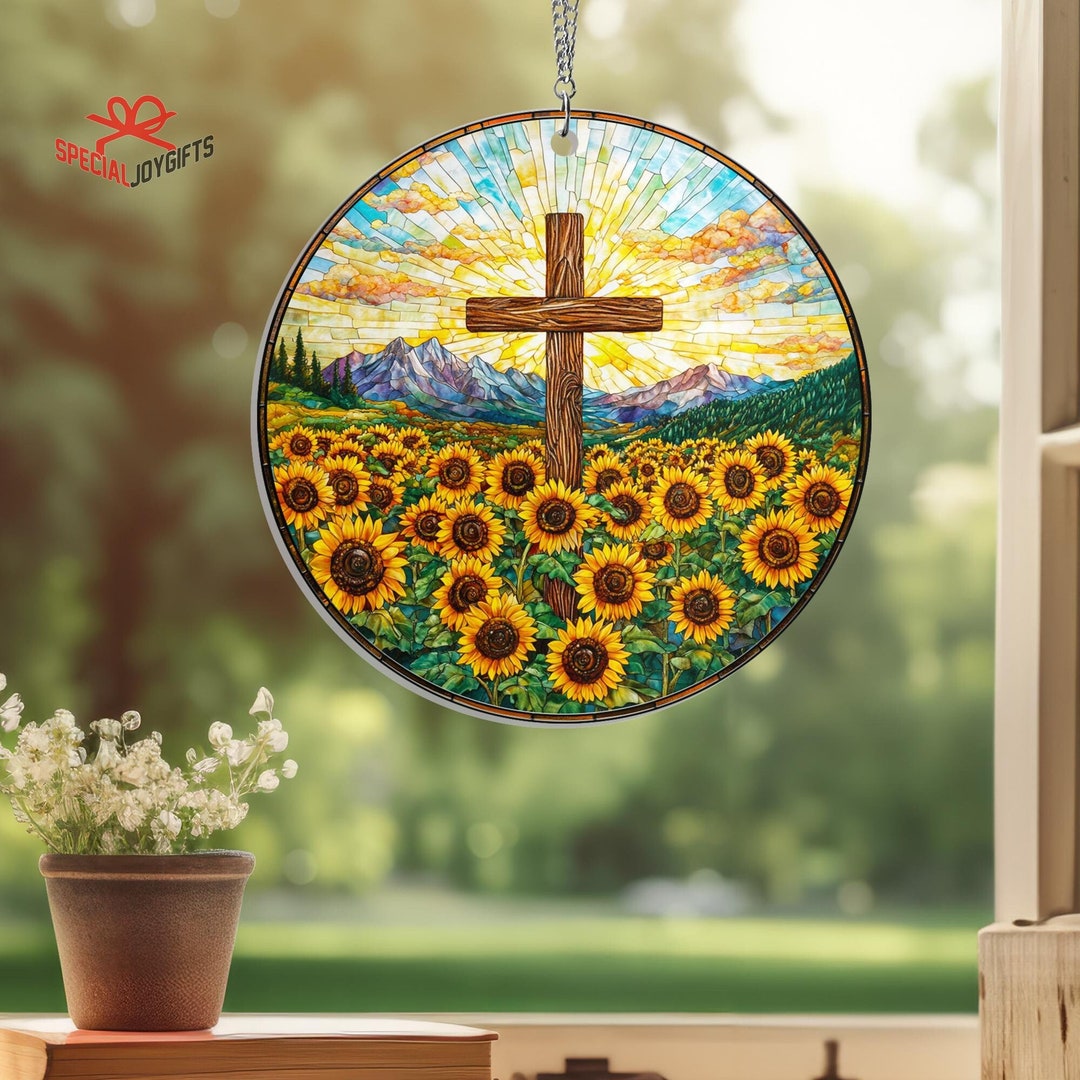 Sunflower and Cross Acrylic Suncatcher, Christian Windows Hanging ...
