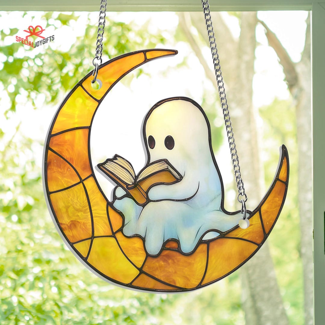 Suncatcher Ghost Reading Book on Moon Acrylic Hanging, Reading Book ...