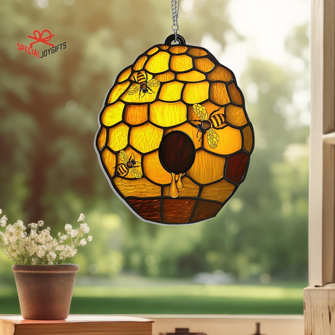 Yellow Bee Hives Suncatcher, Honeycomb Window Wall Hanging Corner, Home ...