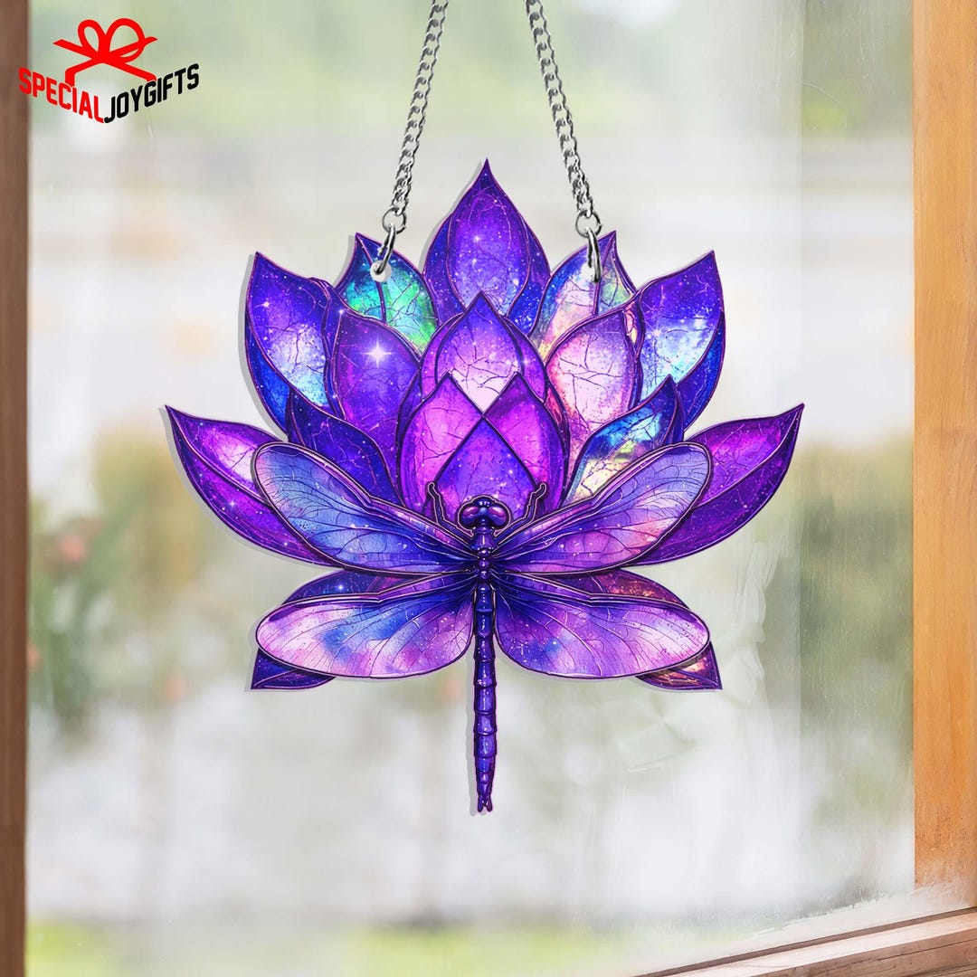 Lotus and Dragonfly Sun Catcher, Purple Flower Window Decor, Nature ...