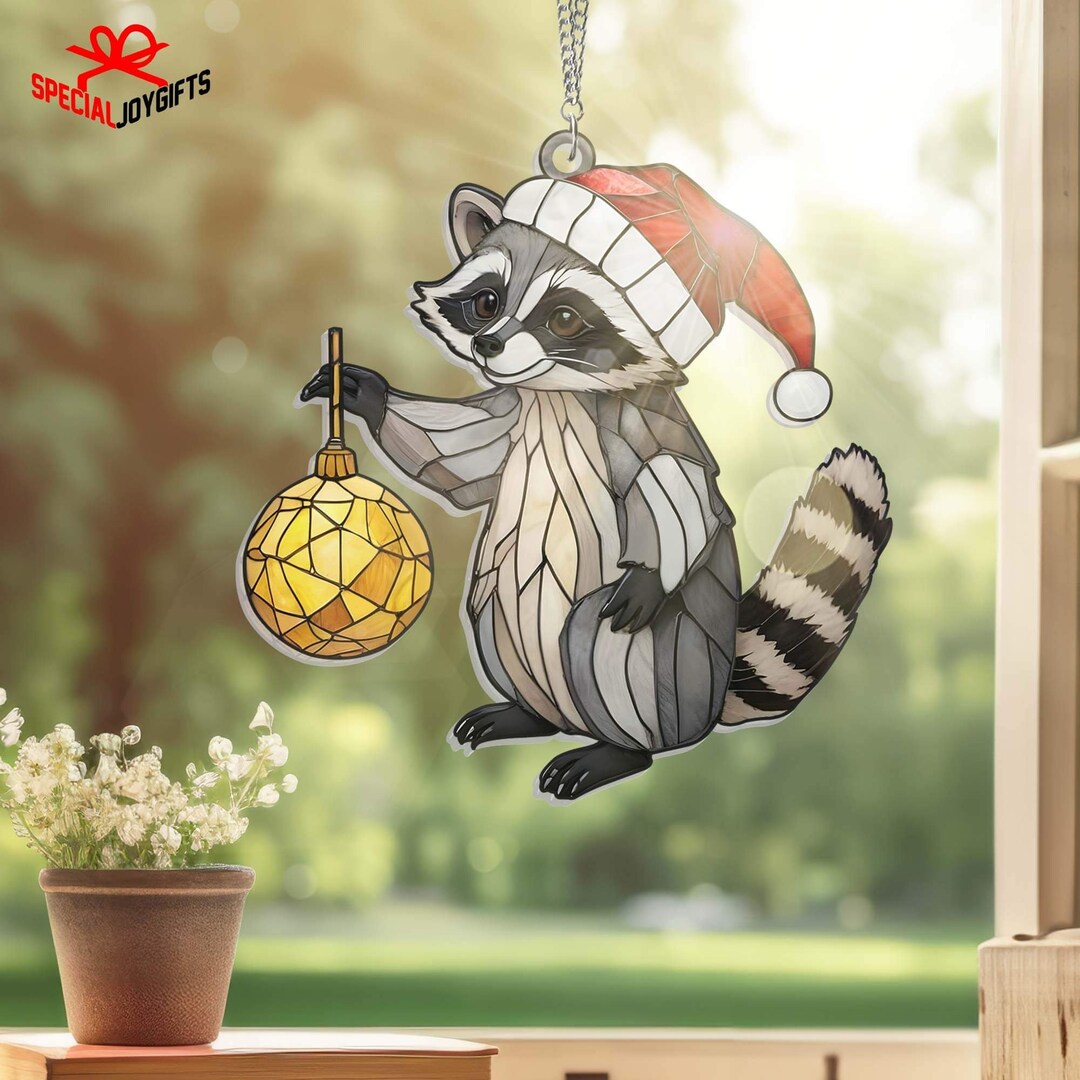 Raccoon Suncatcher Window Hanging, Racoon Christmas Ornament, Holiday ...