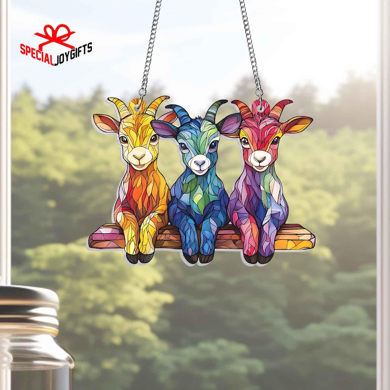Cute 3 Curious Goats Acrylic Suncatcher Hanging, Goat Ornament, Goat ...