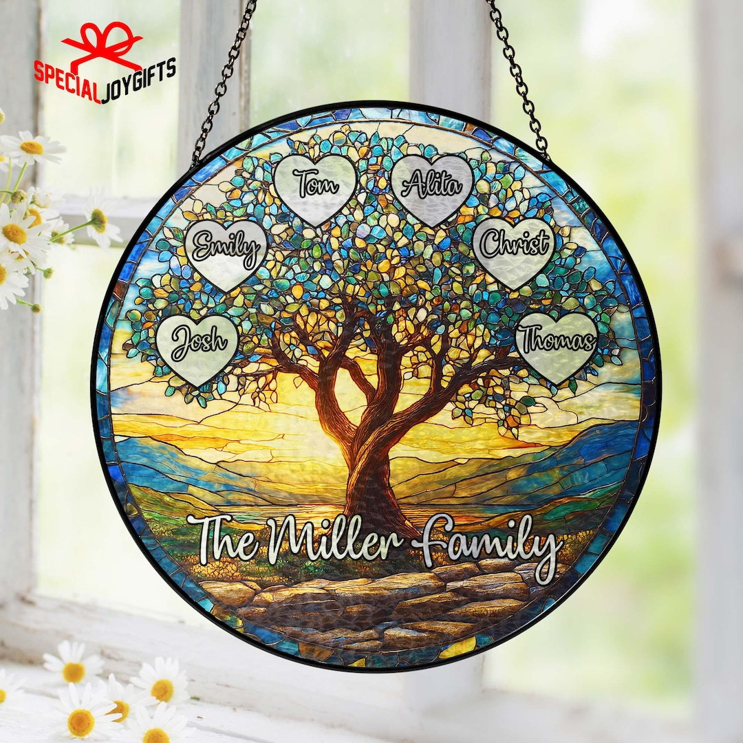 Tree of Life Names Stained Glass Suncatcher, Family Tree Suncatcher ...