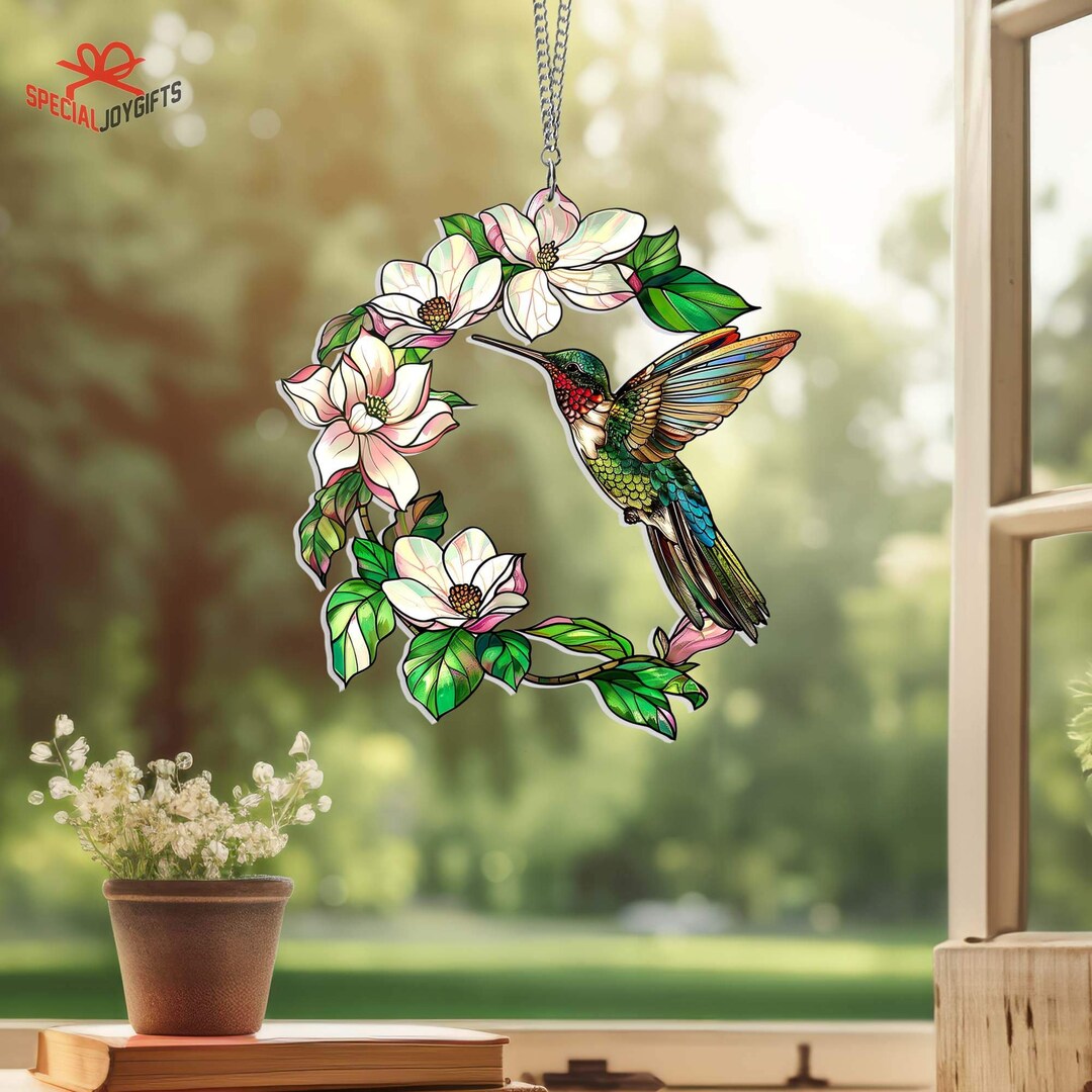 Hummingbird Flower Acrylic Window Hanging Sign, Stained Glass Window ...