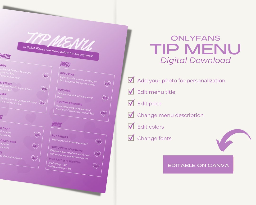 Onlyfans Tip Menu Editable Template Canva Purple - Etsy