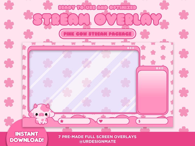 Pink Cow Stream Overlay Package for Twitch / Animated Screens / Pastel ...