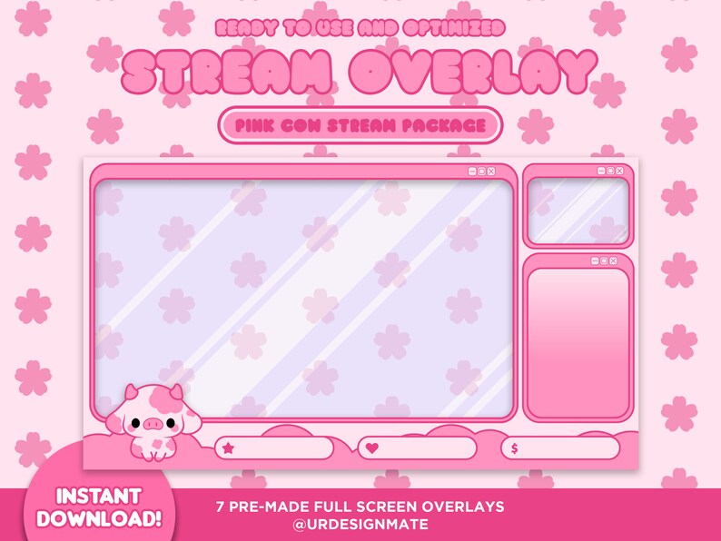 Pink Cow Stream Overlay Package for Twitch / Animated Screens / Pastel ...