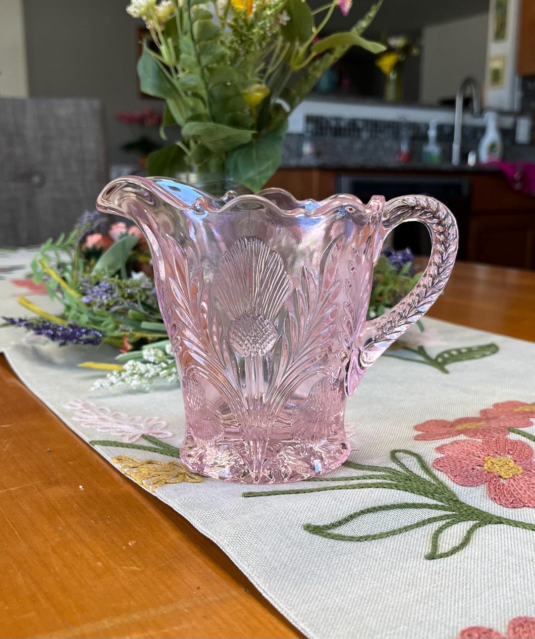 Rose Pink Glass Creamer Thistle Design - Etsy