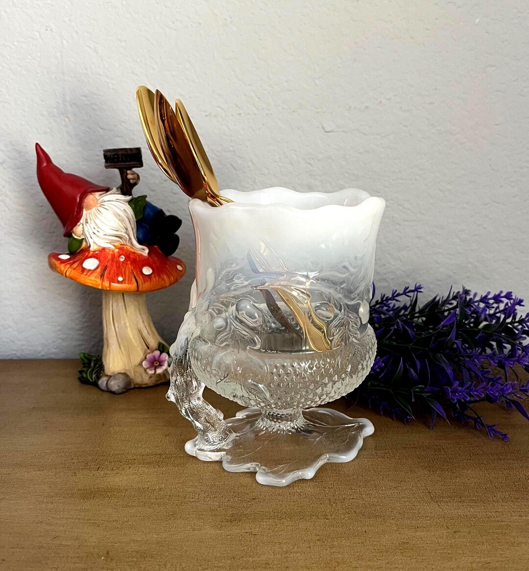 Crystal Opal Glass Spooner Spoon Holder Acorn Pattern - Etsy
