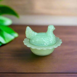 Mini Jadeite Handcrafted Glass Salt Cellar Hen on Nest Trinket Dish 2. ...