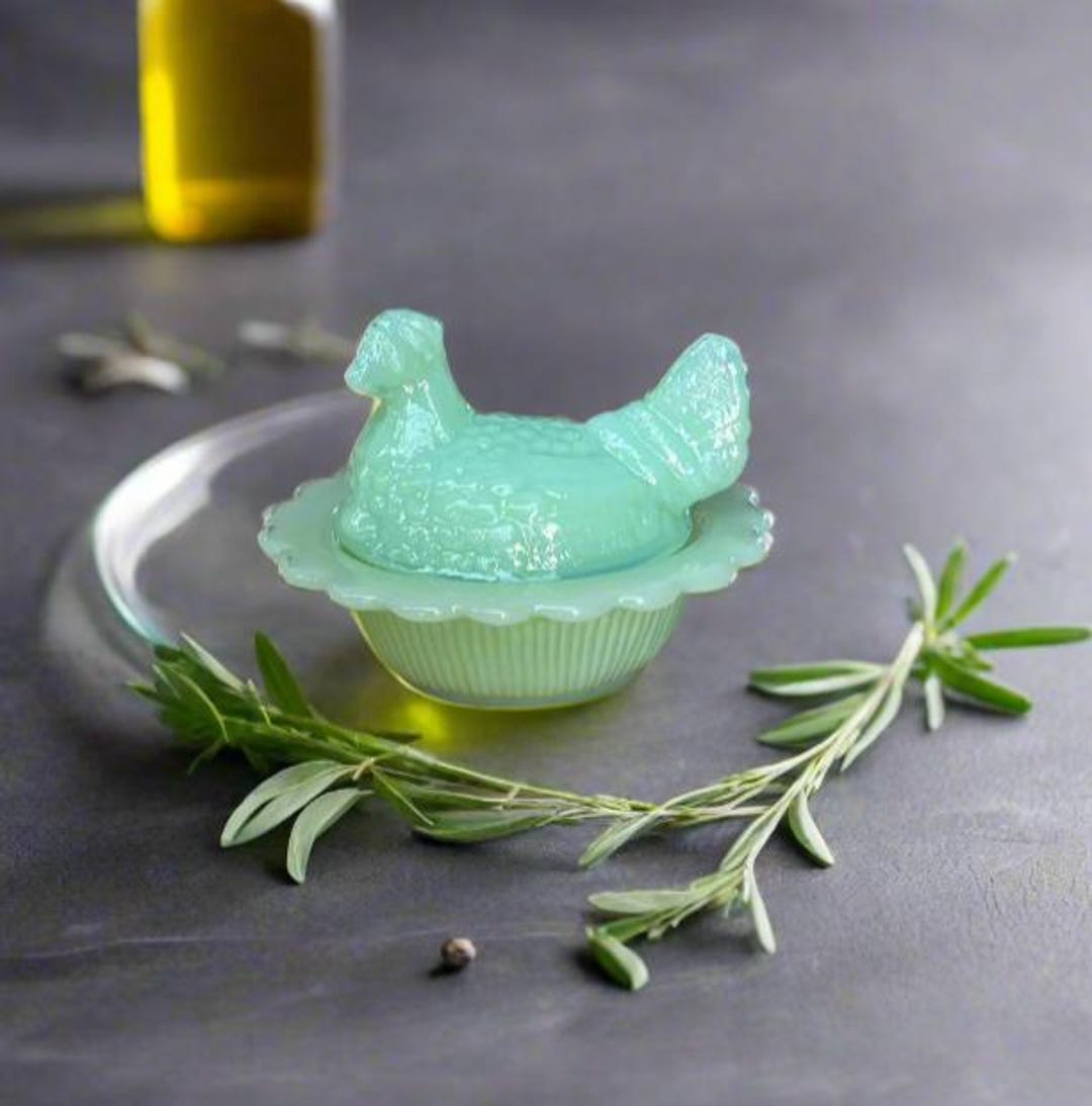 Mini Jadeite Handcrafted Glass Salt Cellar Hen on Nest Trinket Dish 2. ...